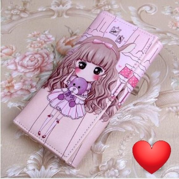 Bags | New Pu Leather Cartoon Girl Doll Pink Cute Long Wallet | Poshmark
